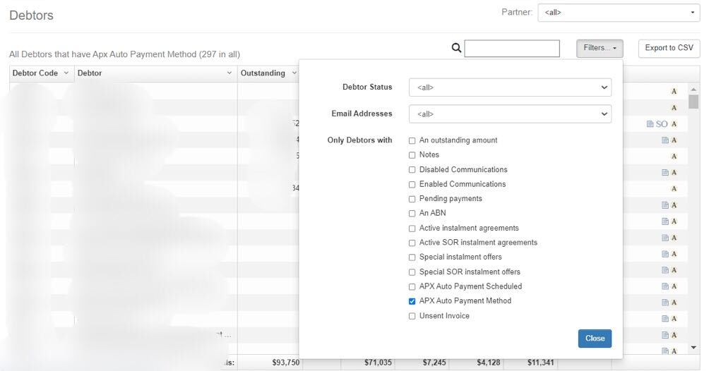 Filtering Debtors with APXAuto invoices and payment method via Debtors Page