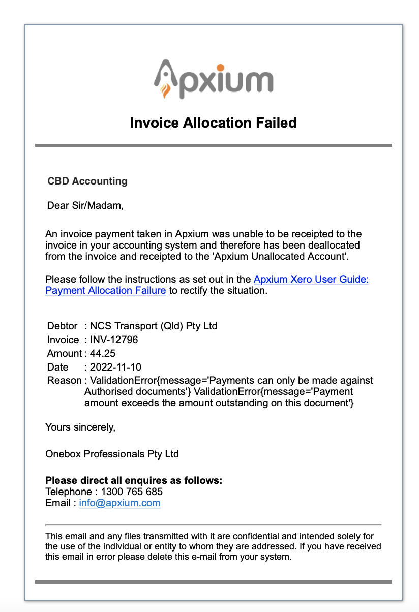 Invoice Allocation Failed - Xero