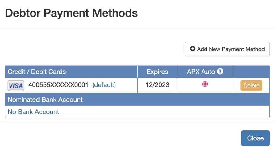 Debtor Payment Method for Auto Pay