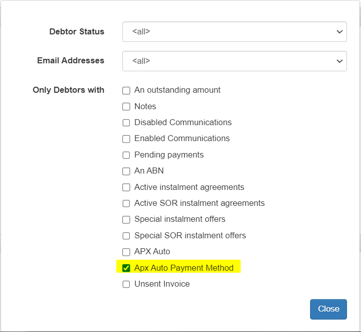 Debtors with APX Auto Payment Method